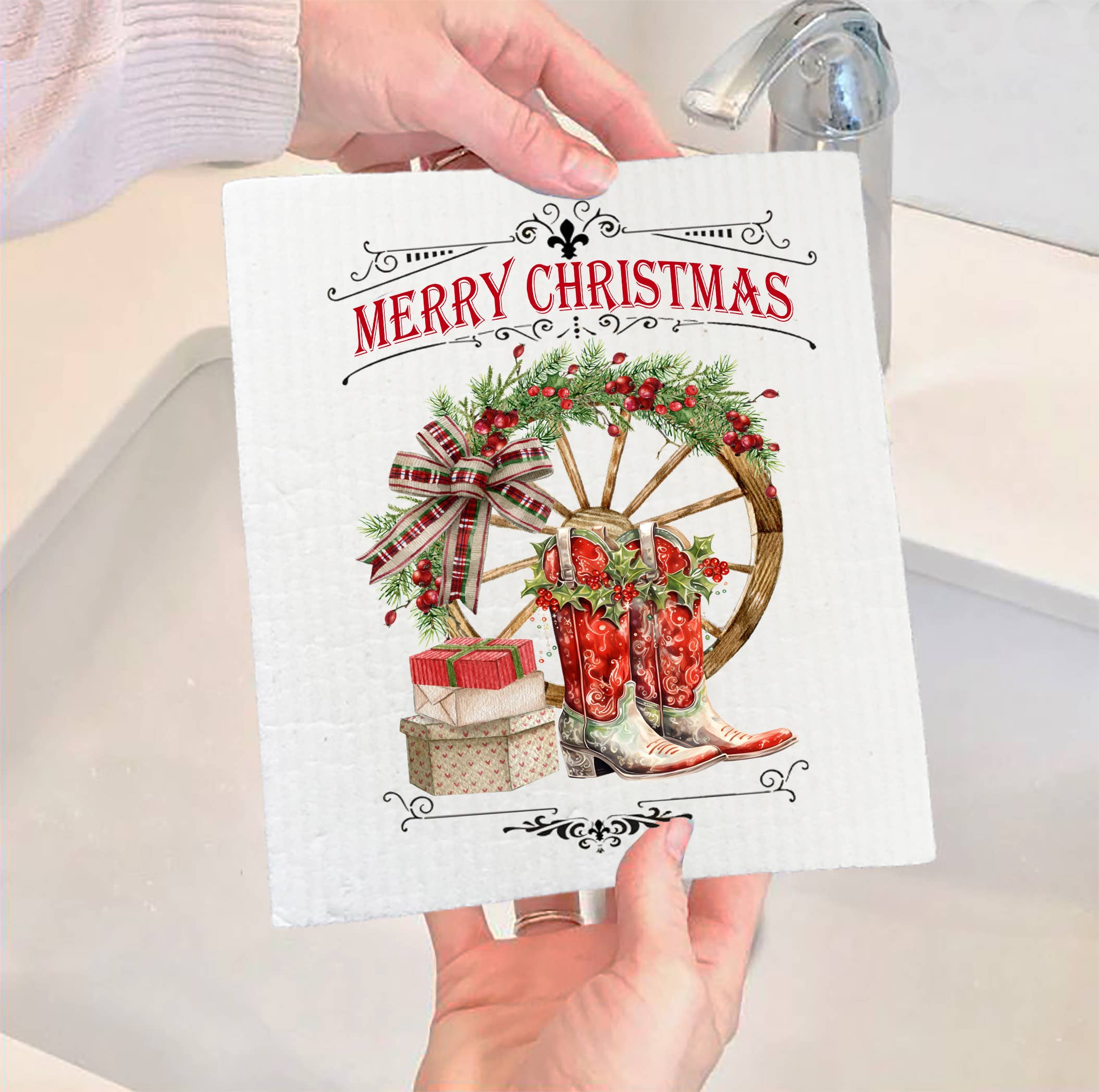 Merry Christmas Red Cowboy Boots Western Swedish Dish Cloth – PB&J Archdale